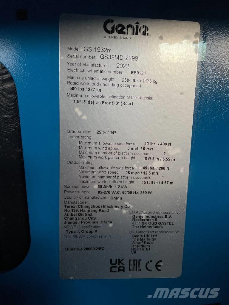 Genie GS 1932m, E-DRIVE, 8m Scissor lift, Scherenbühne, 2022, Vokietija ...